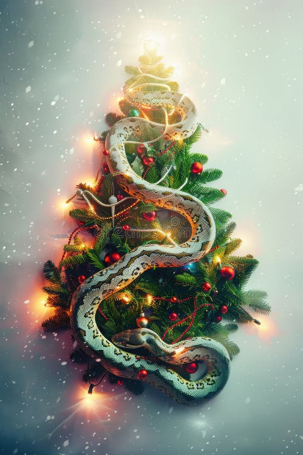 Enchanted Festive Serpent Wrapped in Christmas Lights and Pine Stock ...