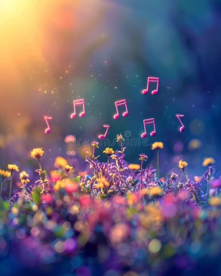 Enchanted Field of Colorful Flowers with Glowing Musical Notes in ...