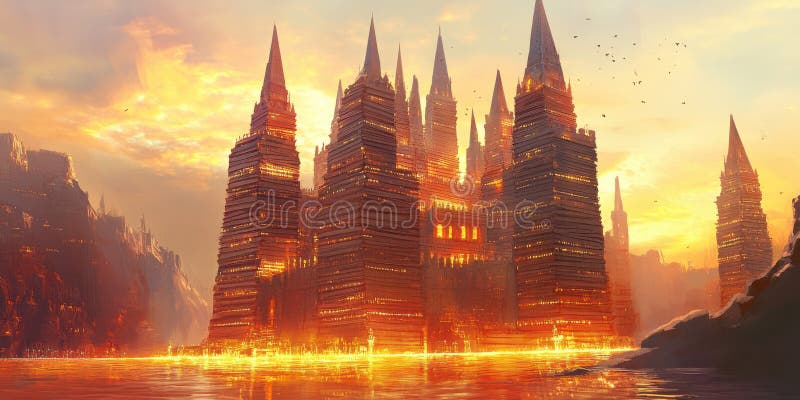 Enchanted Fiery Castle with Spires at Sunset Reflected in Water Stock ...