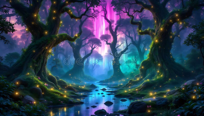 Enchanted Firefly Forest: Dreamlike Stream and Glowing Trees Stock ...