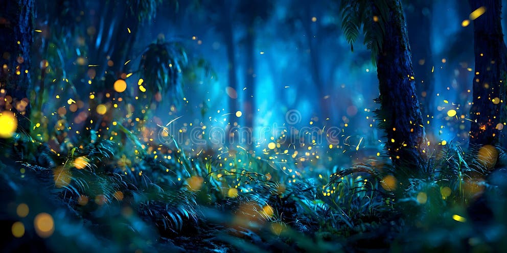 Enchanted Firefly Forest a Magical Night Scene Stock Illustration - Illustration of firefly ...