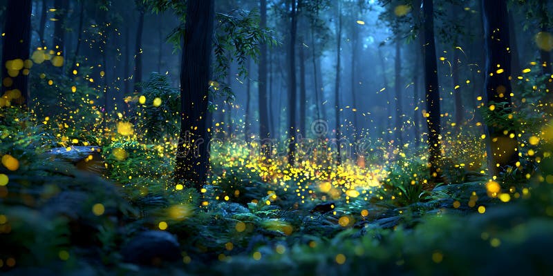 Enchanted Firefly Forest a Magical Nighttime Scene Stock Illustration ...