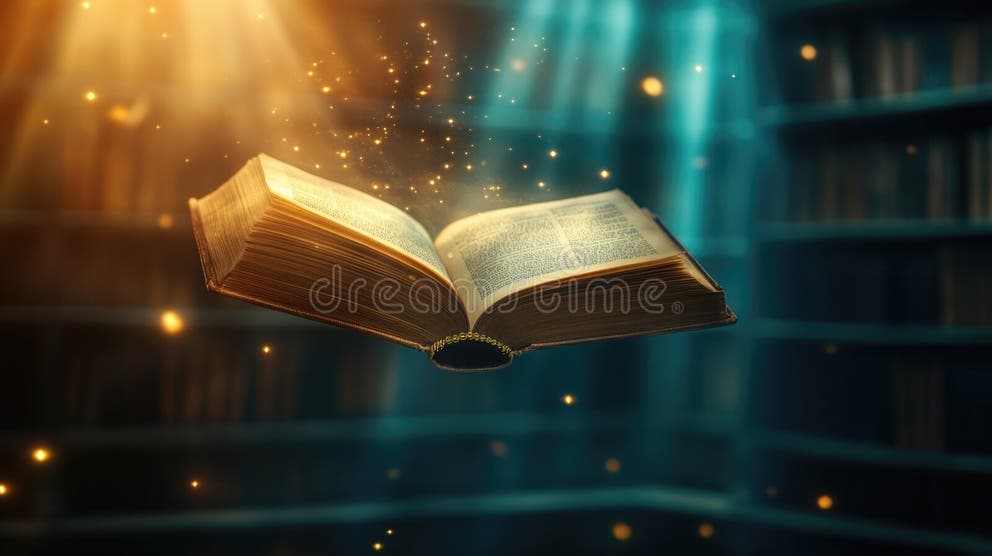 Enchanted Floating Book in Mystical Library with Glowing Light and Dust ...