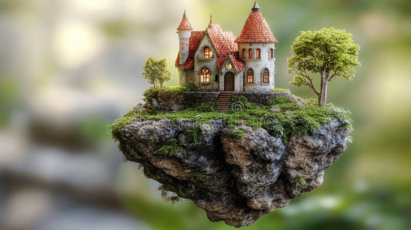 Enchanted Floating Castle Miniature Island Stock Illustration - Illustration of digital, moss ...