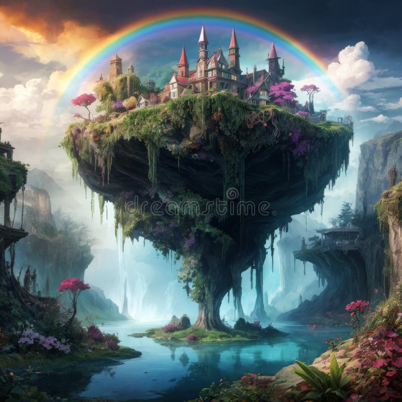 Enchanted Floating Castle with Rainbow Stock Image - Image of ...