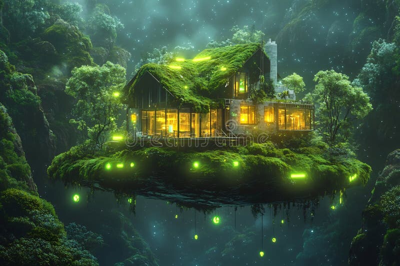Enchanted Floating Forest House with Bioluminescent Glow and Ecological ...
