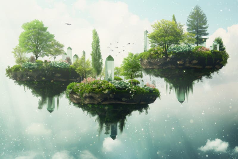 Enchanted Floating Islands with Crystalline Structures. Serene Islands Levitating with Trees and ...