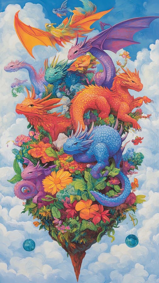 Enchanted Floating Islands Filled with Dragons and Creatures Stock ...