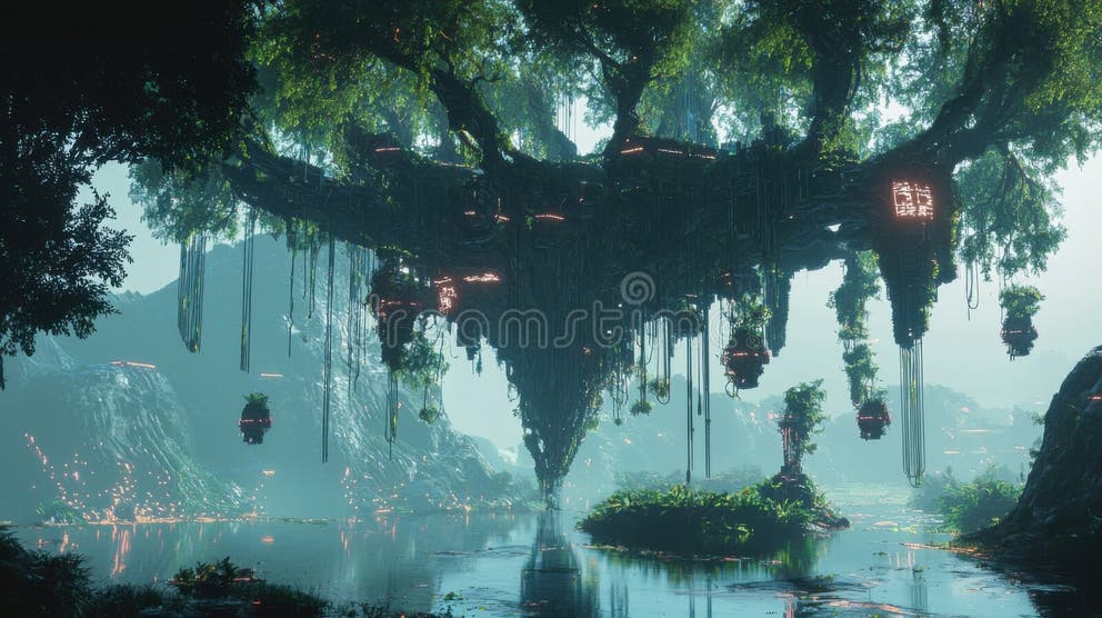 Enchanted Floating Tree with Illuminated Structures Over Water Stock ...