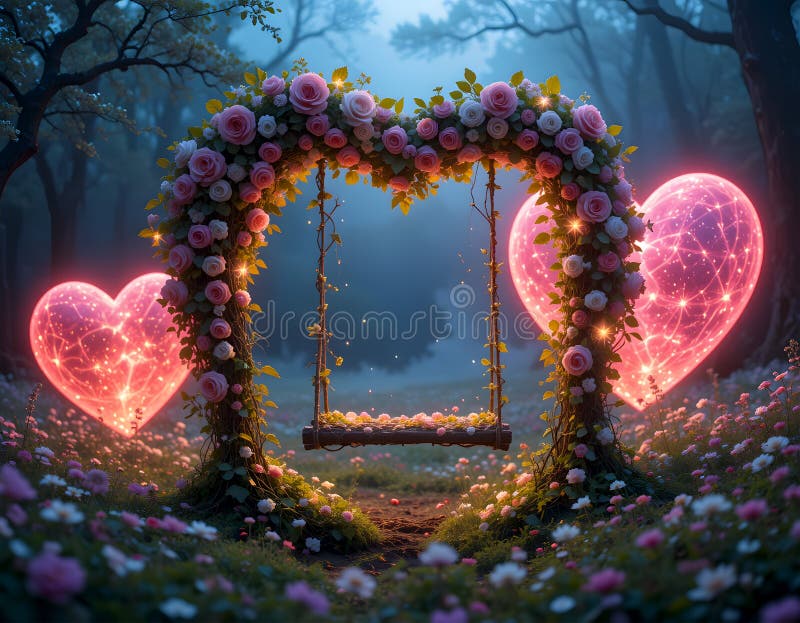 Enchanted Floral Swing with Glowing Hearts Stock Illustration ...