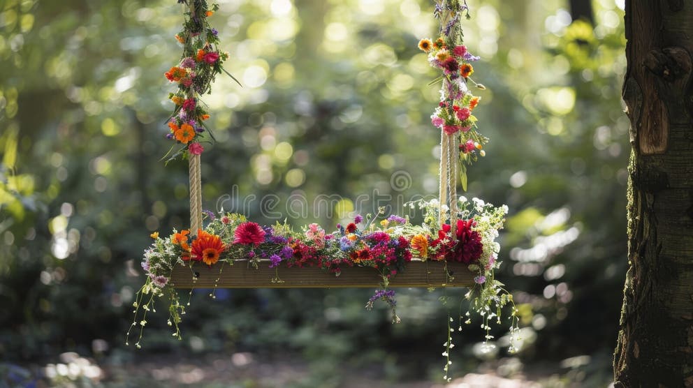 Enchanted Floral Swing in Sunlit Forest Stock Photo - Image of light ...