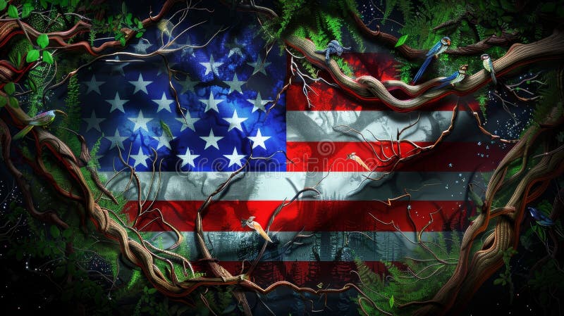 Enchanted Forest with American Flag Merging into Night Sky Stock Image ...