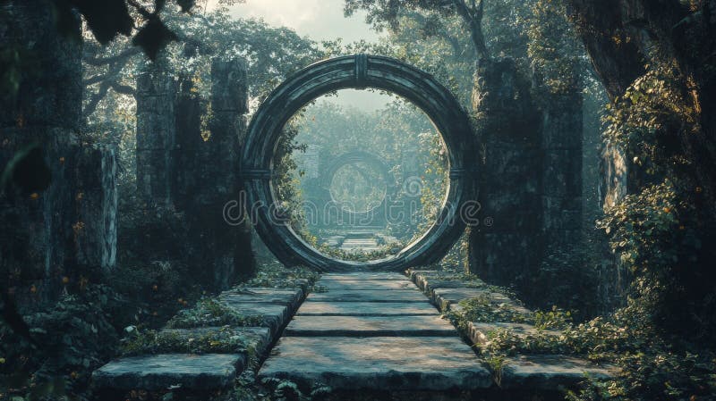 Enchanted Forest with Ancient Stone Circular Gate and Lush Foliage ...