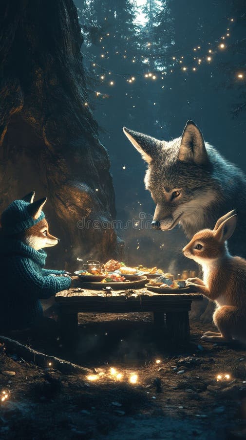 Enchanted Forest Animals Sharing a Magical Feast Under Twinkling Lights ...