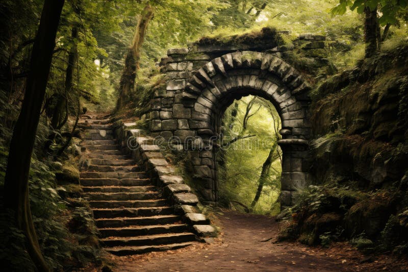 Enchanted Forest Archway with Stone Staircase Stock Photo - Image of ...