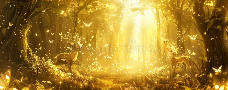 An Enchanted Forest Bathed in Golden Sunlight and Filled with Magical ...