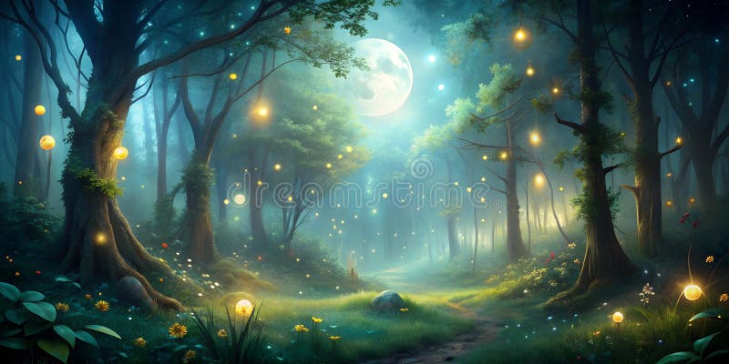An Enchanted Forest Bathed in Soft Moonlight Where Mystical Creatures ...