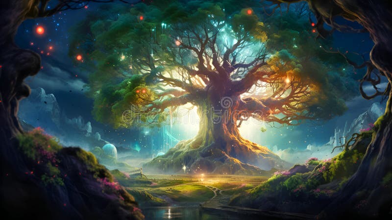 Enchanted Forest with Big Tree Stock Illustration - Illustration of ...