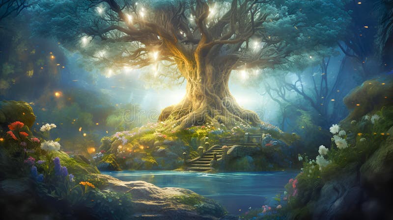 Enchanted Forest with Big Tree Stock Illustration - Illustration of ...