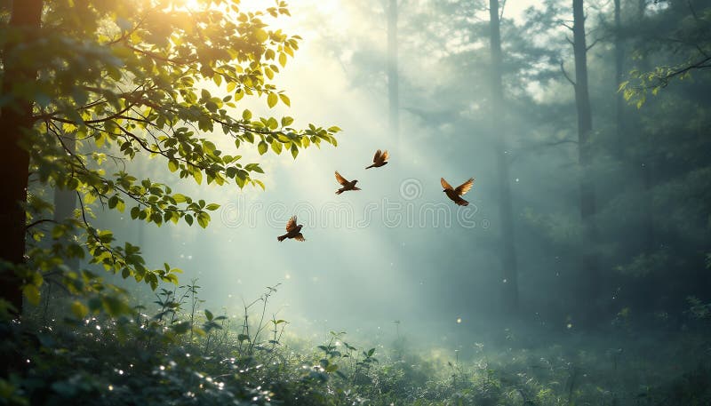 Enchanted Forest: Birds in Flight at Dawn Stock Illustration ...