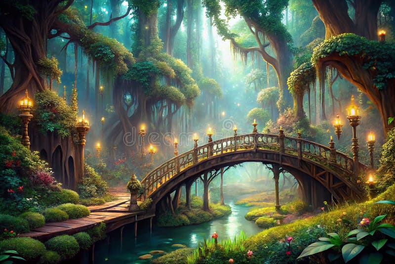 Enchanted Forest Bridge Bathed in Light, Mystical Pathway Stock Illustration - Illustration of ...