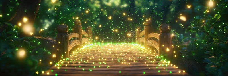 Enchanted Forest Bridge Illuminated by Magical Glowing Fireflies at ...