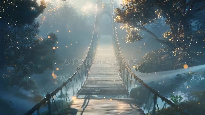 Enchanted Forest Bridge with Magical Glow and Moving Particles Stock ...