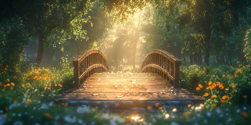 Enchanted Forest Bridge Magical Landscape Scene Stock Illustration - Illustration of forest ...