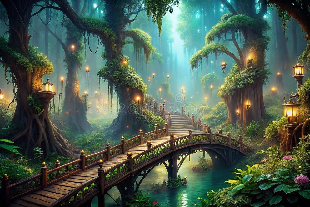 Enchanted Forest Bridge, Mystical Pathway, Glowing Lanterns Stock ...