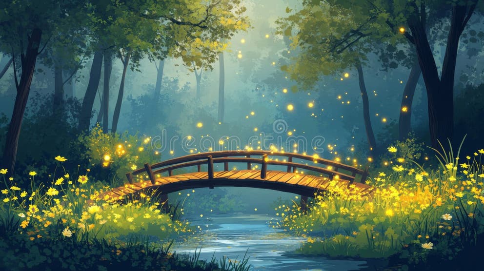 Enchanted Forest Bridge at Night with Glowing Fireflies Stock ...