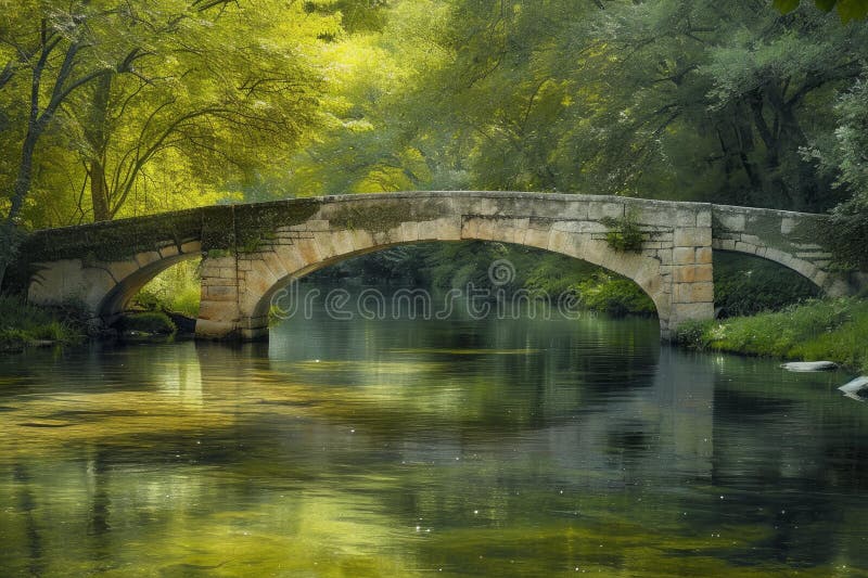 Enchanted Forest Bridge Over Serene River Stock Photo - Image of ...