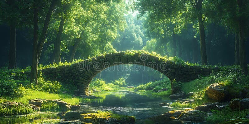 Enchanted Forest Bridge a Serene Nature Scene Stock Illustration ...
