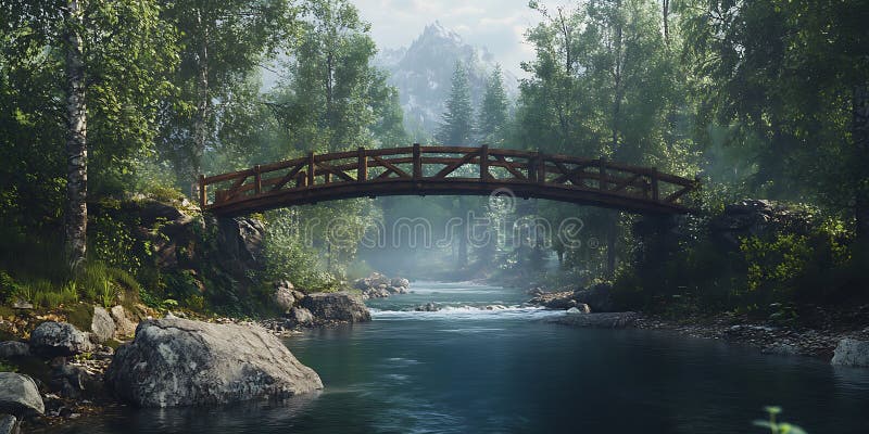 Enchanted Forest Bridge Serene River Landscape Stock Illustration ...