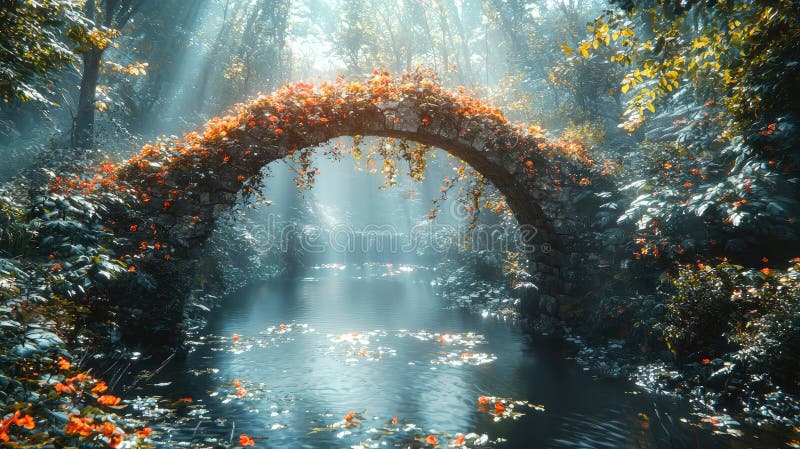Enchanted Forest Bridge with Sunlight Streaming through the Trees Stock ...