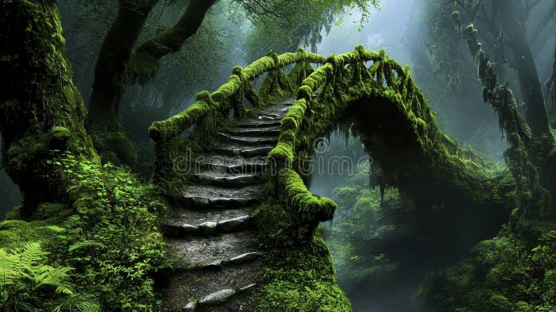 Enchanted Forest Bridge Surrounded by Lush Greenery and Mist Stock ...