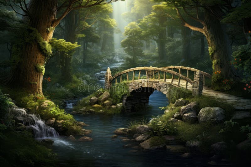 Enchanted Forest with Brook and Bridge Stock Photo - Image of nepal ...