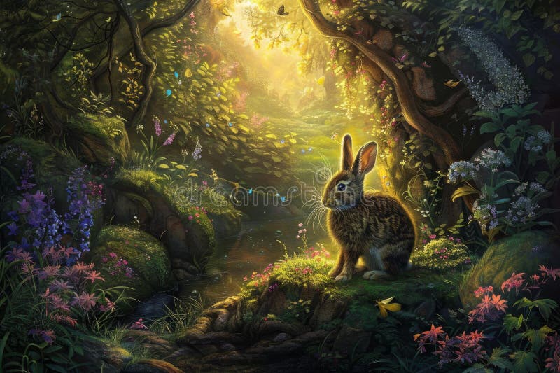 Enchanted Forest Bunny in Sunlight Stock Illustration - Illustration of ...