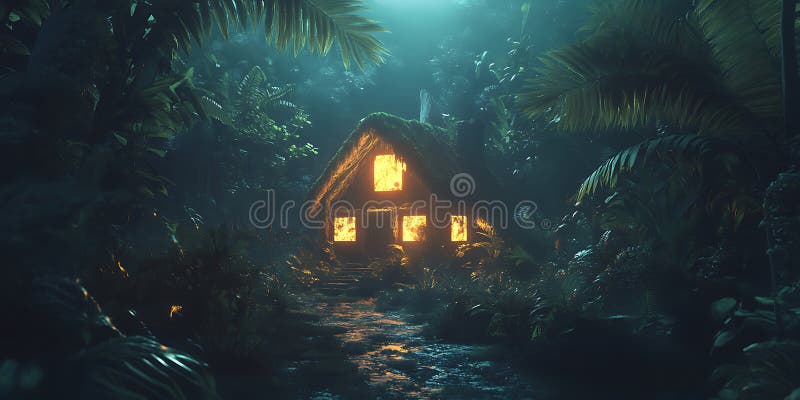 Enchanted Forest Cabin Magical Night Scene Wallpaper Stock Illustration ...
