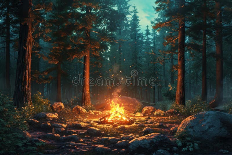 Enchanted Forest Campfire at Twilight Stock Image - Image of warm ...