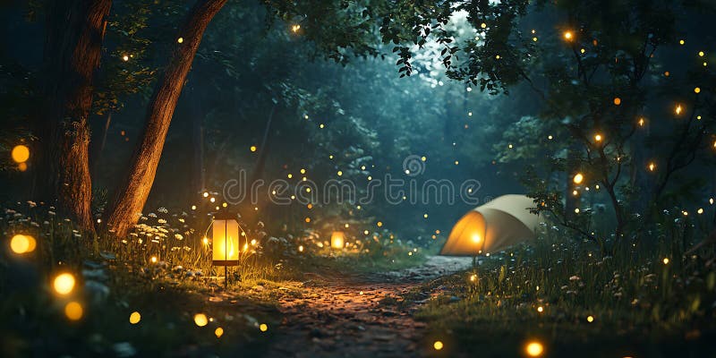 Enchanted Forest Campsite Magical Firefly Night Scene Stock ...