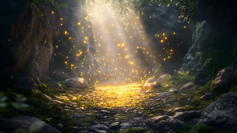 Enchanted Forest Cave Illuminated by Magical Golden Light and Fireflies ...