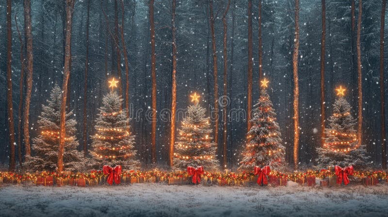 Enchanted Forest Christmas Illuminated Trees in a Snowy Scene Stock ...