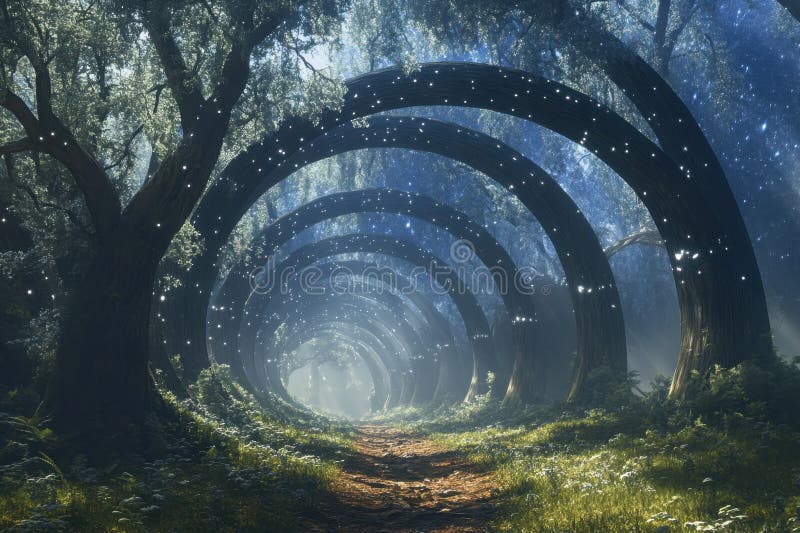 Enchanted Forest with Circular Pathways Illuminated by Soft Light and ...