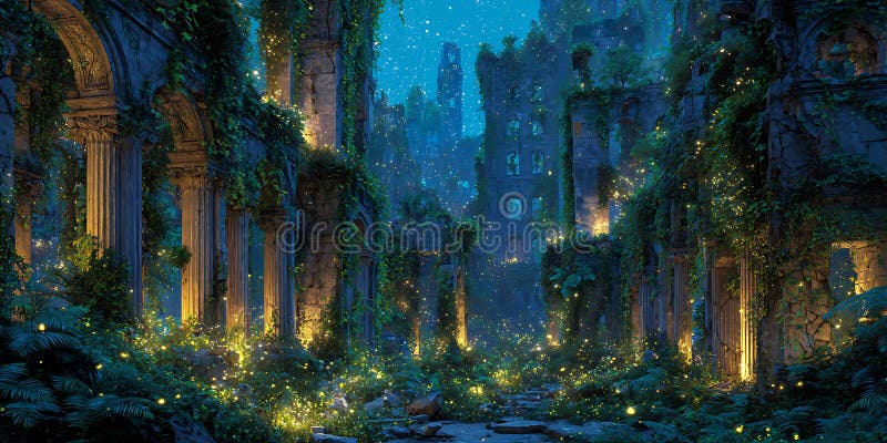 Enchanted Forest Cityscape Night Scene Background Stock Illustration ...