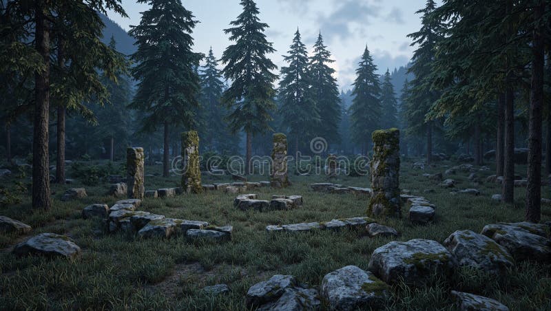 Enchanted Forest Clearing with Moss Covered Stone Pillars and Moonlit ...