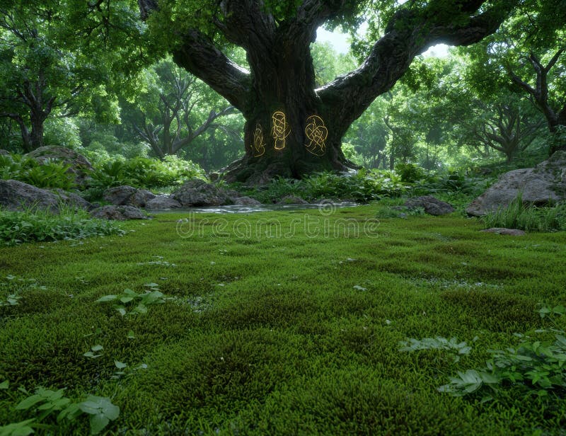 Enchanted Forest Clearing with Moss and Glowing Symbols on a Tree ...