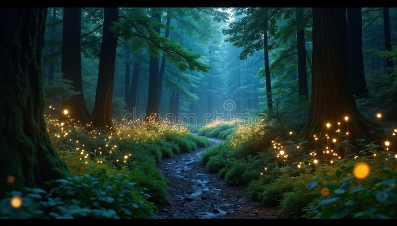 Enchanted Forest Clearing at Night. Glowing Light Illuminates Path ...