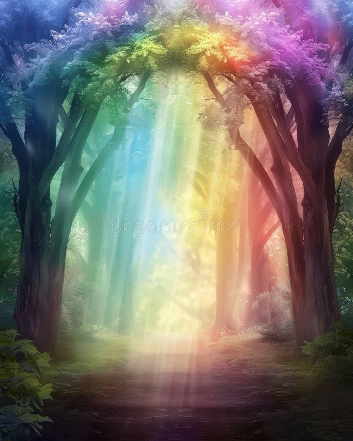 Enchanted Forest with Colorful Light Beams Stock Illustration ...