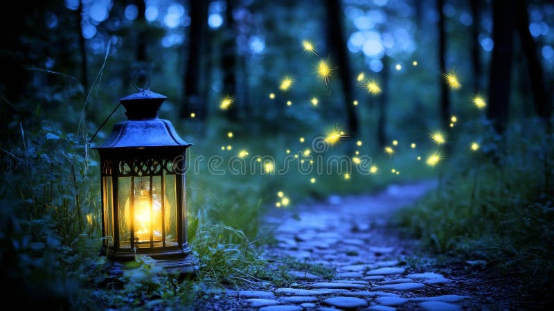 Enchanted Forest Path Lit Lanterns Dusk Stock Photos - Free & Royalty ...
