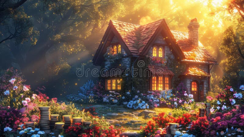 Enchanted Forest Cottage with Coin Stacks - Generative Ai Stock ...